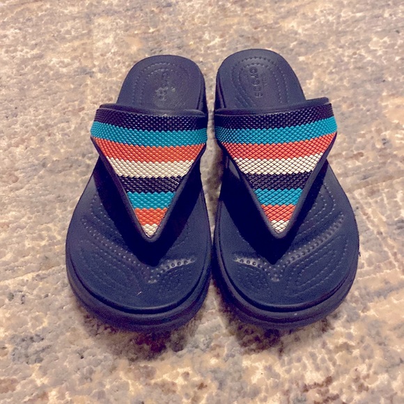 CROCS | Shoes | Crocs Monterey Bead Strap Navy Wedge Flip Womens Size 6 ...